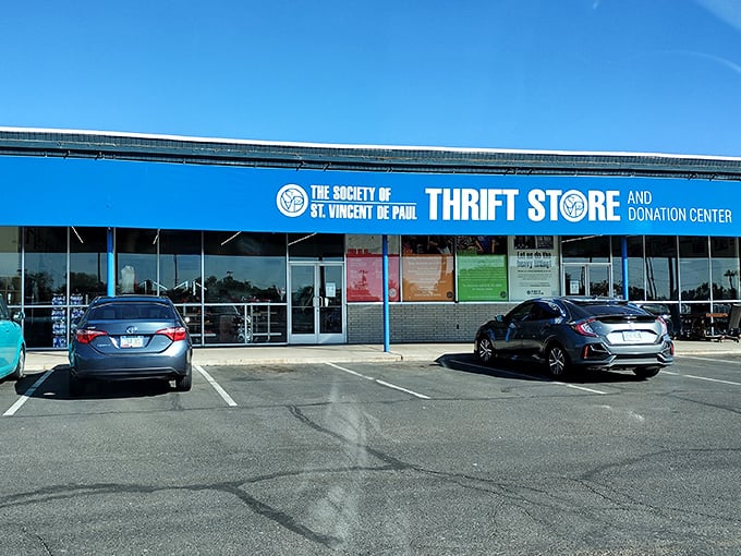 That bright blue storefront stretches like a promise of endless discoveries waiting within.