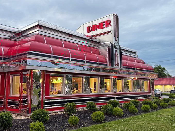 Classic Americana gleaming in the twilight! This shiny diner looks like it rolled straight out of "American Graffiti."