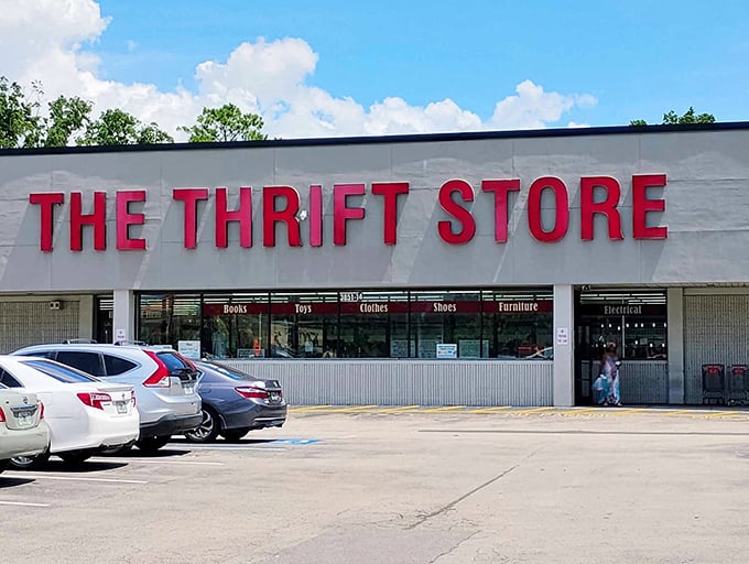 The Thrift Store's bold red letters announce bargain paradise - no fancy marketing needed here.