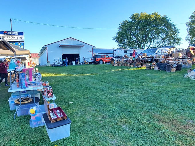 From above, this flea market looks like someone scattered joy across a Iowa field perfectly.