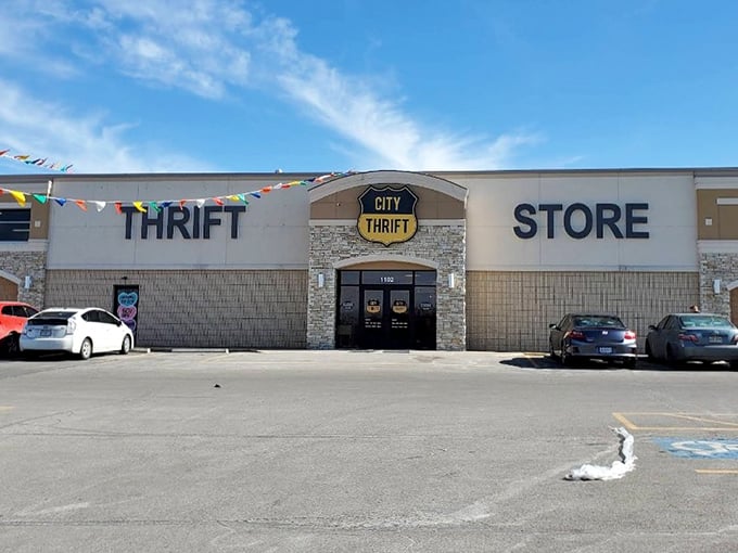 That stone facade and yellow signage create serious curb appeal for bargain hunters driving by.