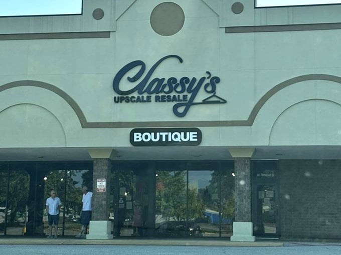 The boutique-style entrance hints at curated treasures waiting inside - thrift shopping with a touch of sophistication.