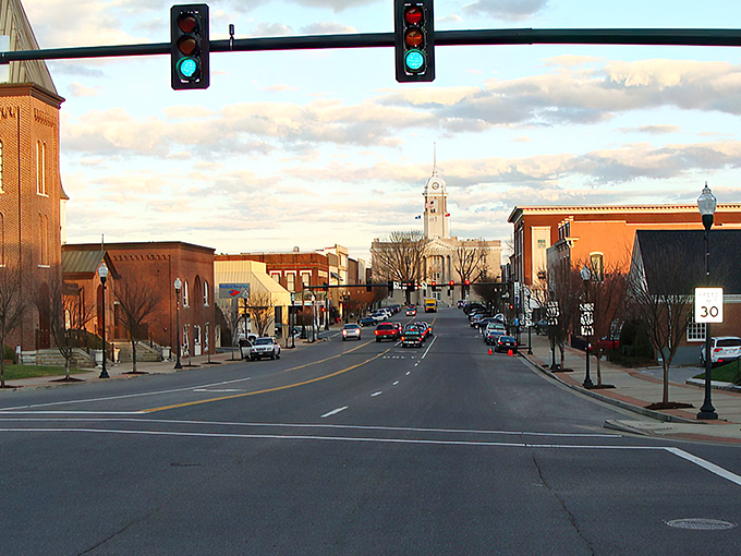 The charming streets of Columbia lead to its historic courthouse, standing tall against Tennessee's blue skies.