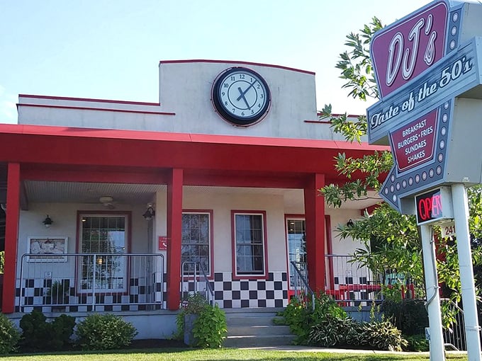 That clock on DJ's facade isn't just decoration—it's telling you it's always time for a milkshake and memories.