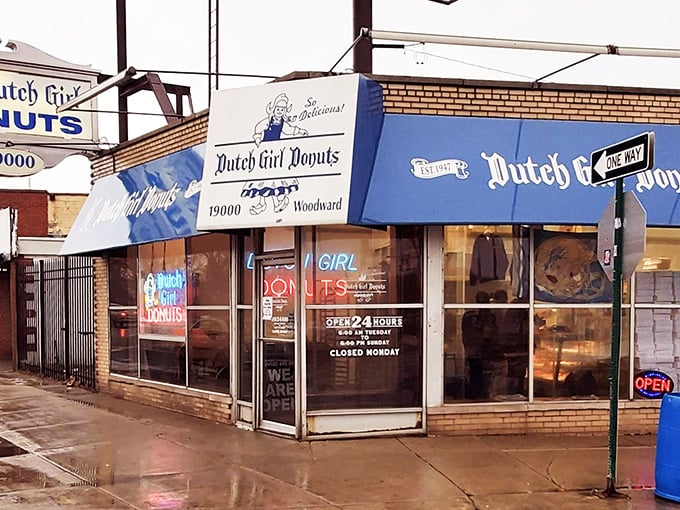 Open 24 hours because donut cravings don't follow a schedule – a true Detroit institution in all its neon glory.