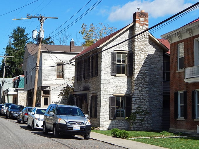 Stone houses line Elsah's lanes like ancient guardians watching over this riverside gem.