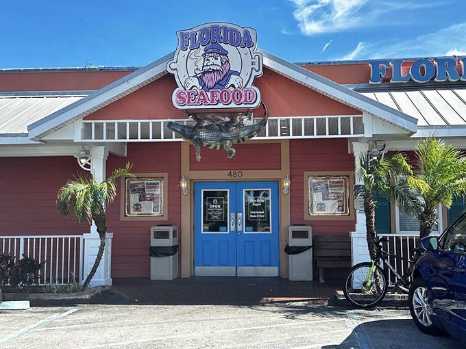 That oversized catch on the sign isn’t just decoration – it’s a promise of hearty seafood feasts inside Cocoa Beach’s favorite spot.