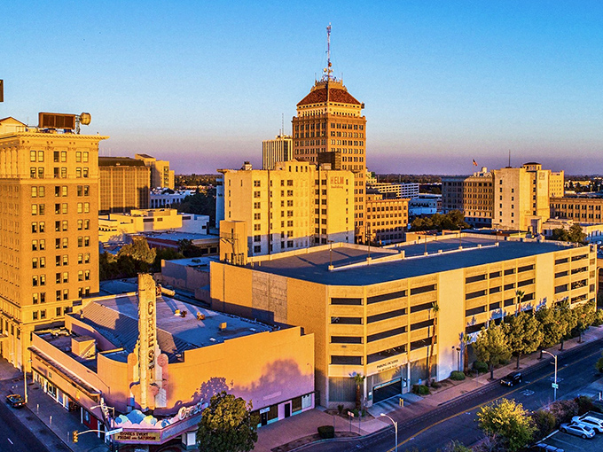 That golden California light hits Fresno's buildings just right, turning everyday architecture into something almost magical.