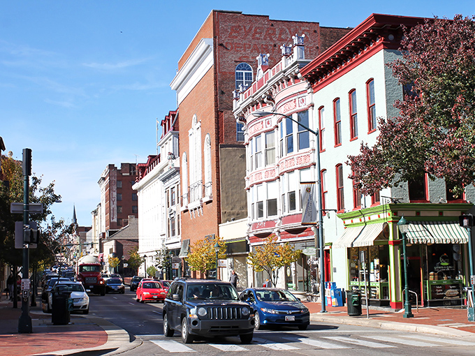In downtown Hagerstown, historic brick facades and colorful storefronts line the streets, where everyday traffic moves through a city rooted in charm and history.