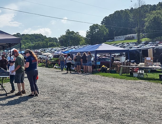 Weekend warriors gather where the gravel meets the grass for some serious treasure hunting action.
