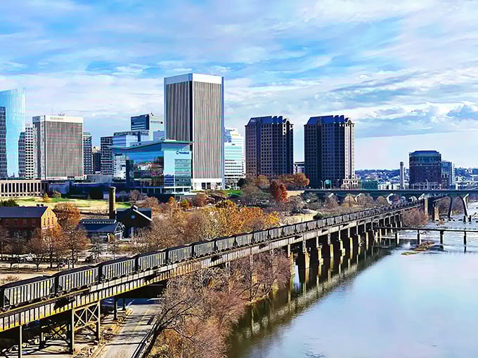Autumn's paintbrush turns Martinsville into a postcard-perfect scene—that bridge and skyline combo is giving me serious "model train set" vibes!
