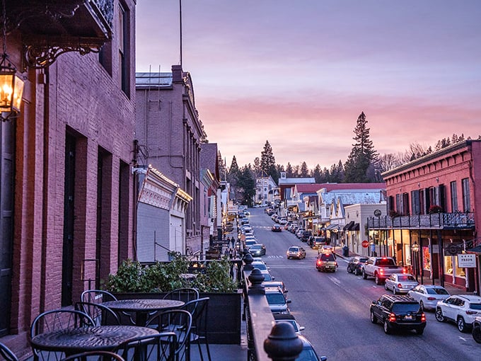 Evening light transforms this historic Sierra Nevada foothills town into a golden postcard scene.