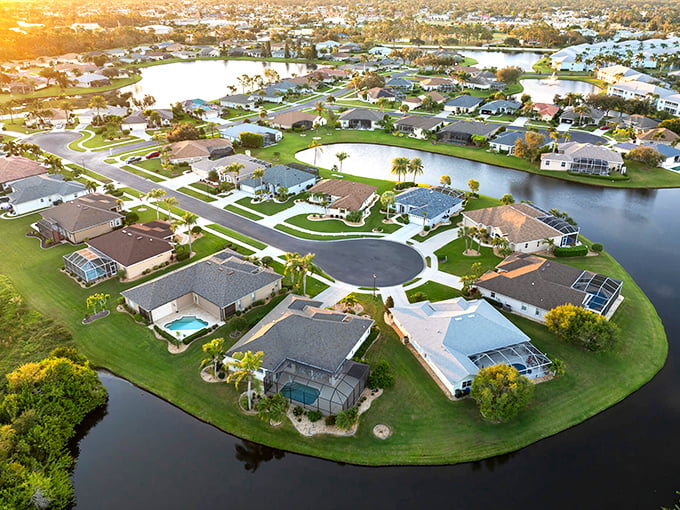 Suburban paradise meets coastal living where manicured neighborhoods embrace the endless blue horizon beyond.