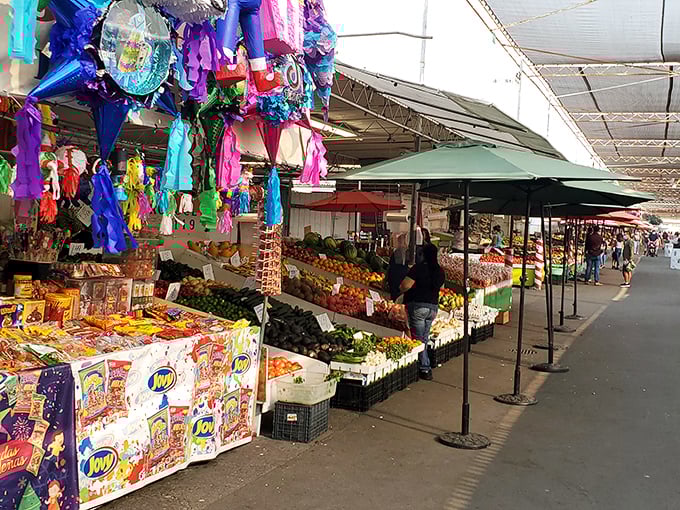 Fresh produce meets vintage treasures in this delightful mix of practical shopping and pure fun.
