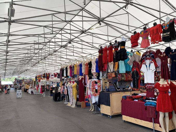 Bright fabrics and bold patterns steal the show at San Jose's massive market—an endless runway for bargain hunters beneath a canopy of deals.