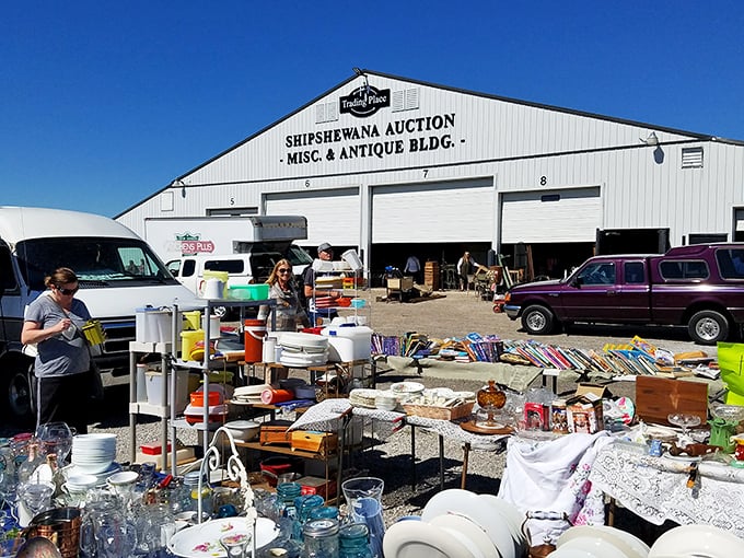 Outside the Shipshewana Auction building, yesterday's treasures wait for tomorrow's homes. Pure Hoosier magic!