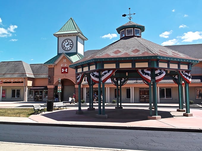 The gazebo stands guard over bargain hunters like a friendly town square welcoming visitors to retail paradise.