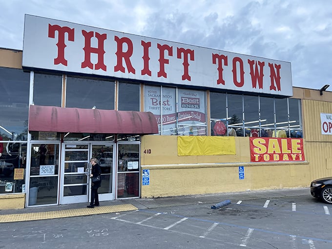 Step through these doors and enter the wonderland of Thrift Town. The red awning welcomes bargain hunters like a thrifting red carpet.