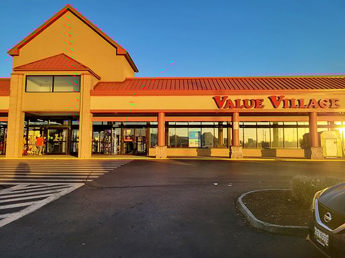 Bathed in golden hour light, this Value Village transforms from mere store to treasure palace. The retail equivalent of finding money in your old jacket pocket!