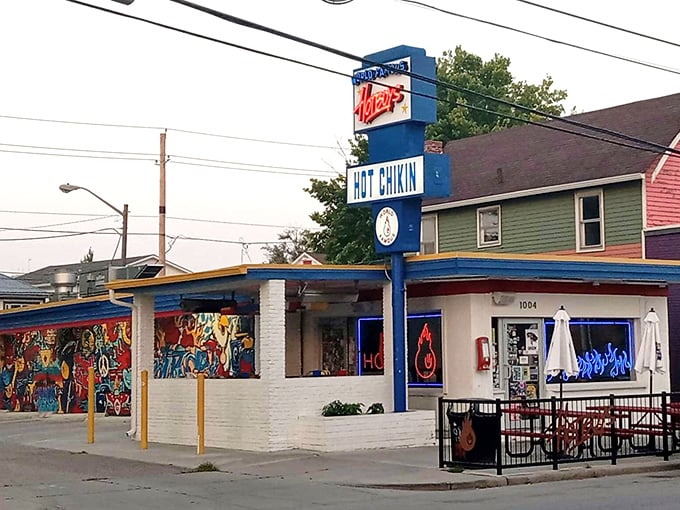 Hotboys' colorful storefront is like a beacon for spice lovers. Their chicken brings the heat that makes Indiana winters bearable!