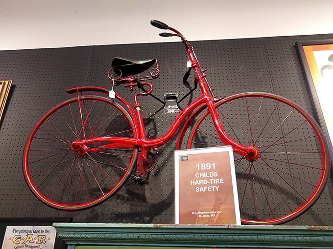 This striking 1891 Childs Hard-Tire Safety bicycle proves that cherry red never goes out of style, even when your tires are solid and your suspension nonexistent.