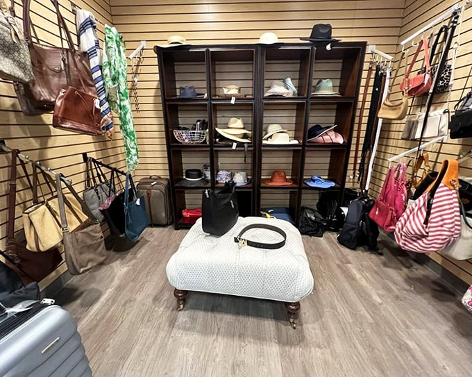 The accessories corner feels like a fashionista's secret clubhouse. Those handbags aren't just pre-loved—they're waiting for their second act.