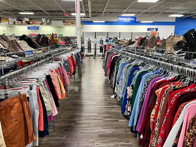 Fashion organized by color creates a rainbow road of possibilities where your next favorite outfit is hiding in plain sight.
