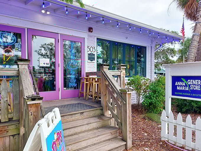 The Anna Maria General Store's whimsical purple entrance beckons like a tropical Willy Wonka's – minus the Oompa Loompas.