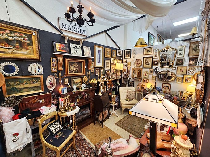 Step into this booth and you've entered someone's vision of perfectly organized chaos – where every frame, lamp, and trinket tells its own story.