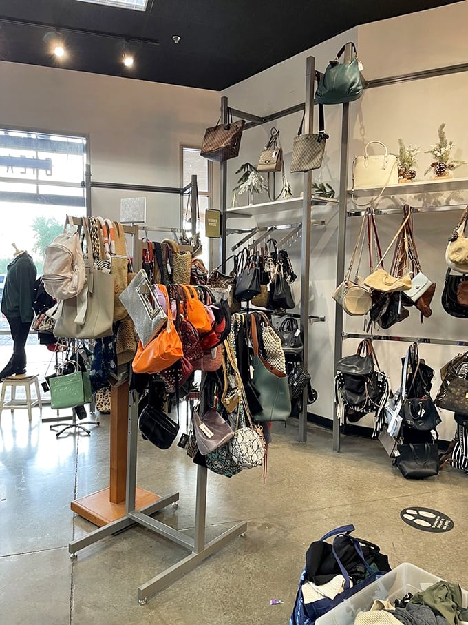 Bag heaven! Like a fashionable forest of leather and canvas where your next conversation starter hangs patiently, waiting to be discovered.