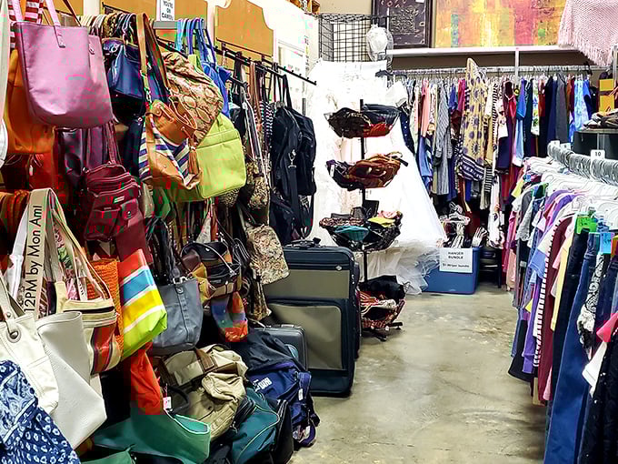 Handbag paradise or purse museum? Either way, this colorful collection has more personality than most department store displays.