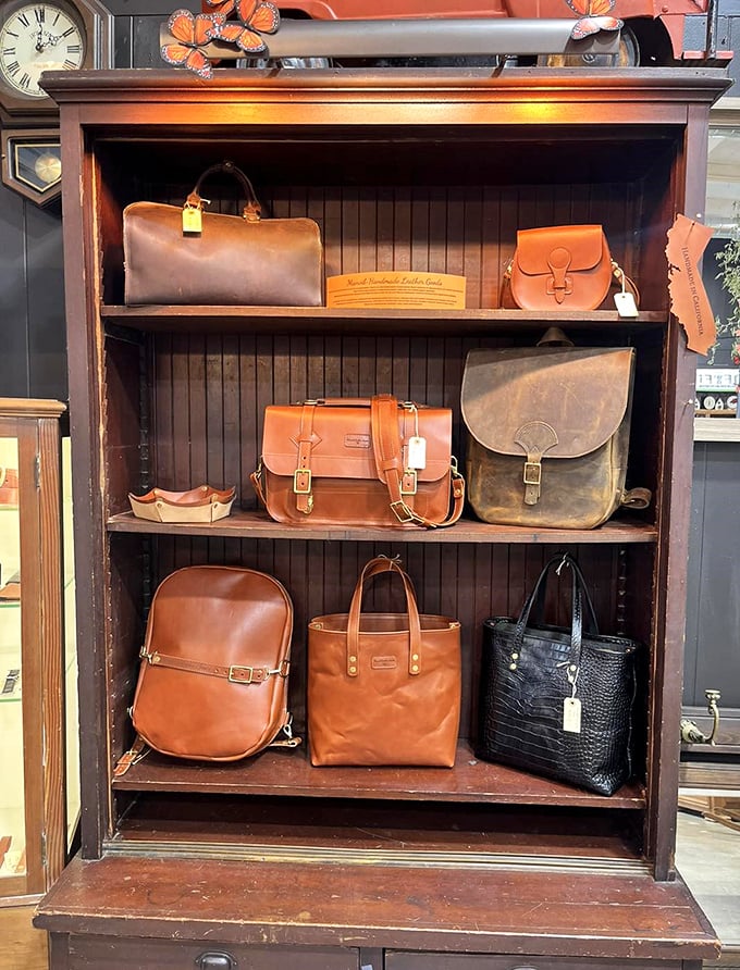 Leather bags with the kind of patina you can't fake—each scratch and darkened edge represents someone's journey through life.