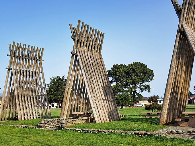 These wooden structures aren't modern art—they're tsunami memorials. Standing tall against the sky, they remind visitors of nature's power while honoring the community's resilience.