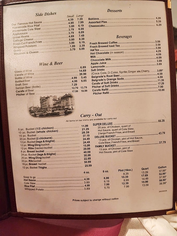 The menu reads like a love letter to simplicity – chicken, hot sauce, and sides that haven't needed changing for nearly a century.
