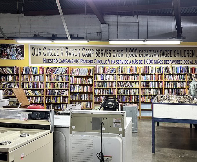 A bibliophile's dream hiding in plain sight—thousands of books supporting the Circle V Ranch Camp for disadvantaged children.