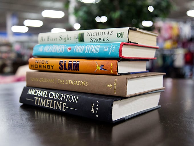 Literary gold mine alert! Where else can you find Nicholas Sparks, Emma Straub, and Michael Crichton living harmoniously on the same shelf?