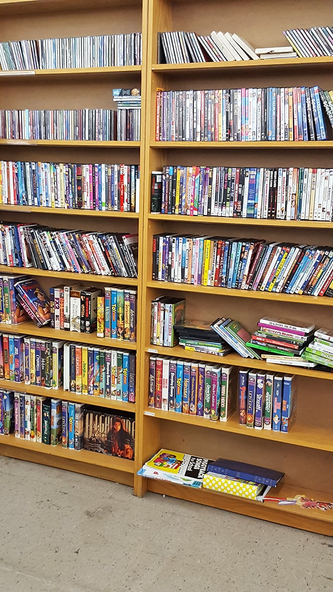 A bibliophile's dream come true – shelves packed with DVDs and books waiting for their next chapter in someone's home.