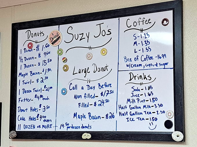 The handwritten menu board—a beautiful artifact from a pre-digital era when calories weren't counted, just thoroughly enjoyed.