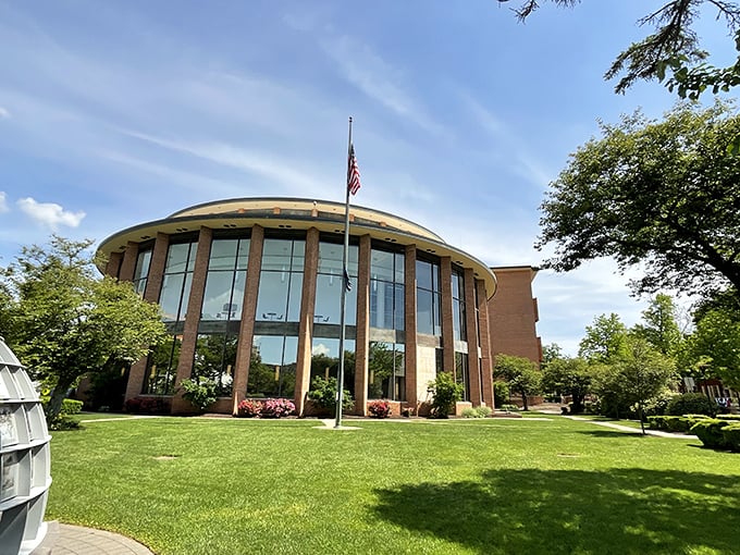 The Bucks County Justice Center's modern circular design offers a striking architectural counterpoint to Doylestown's historic buildings – justice served with style.