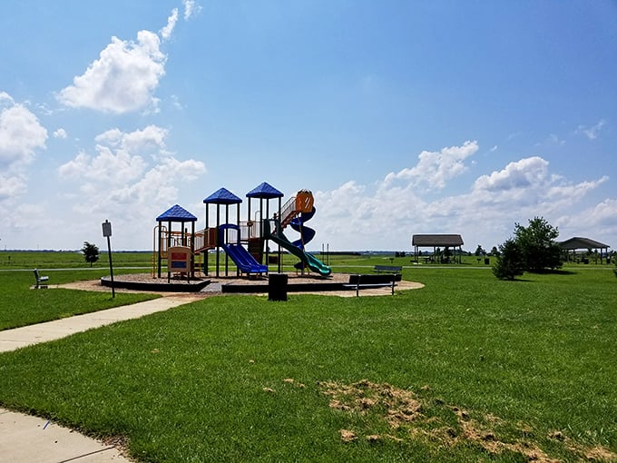 Who needs expensive country club memberships when Charles E. Price Memorial Park offers this playground paradise? Blue skies, green grass, and childhood joy.