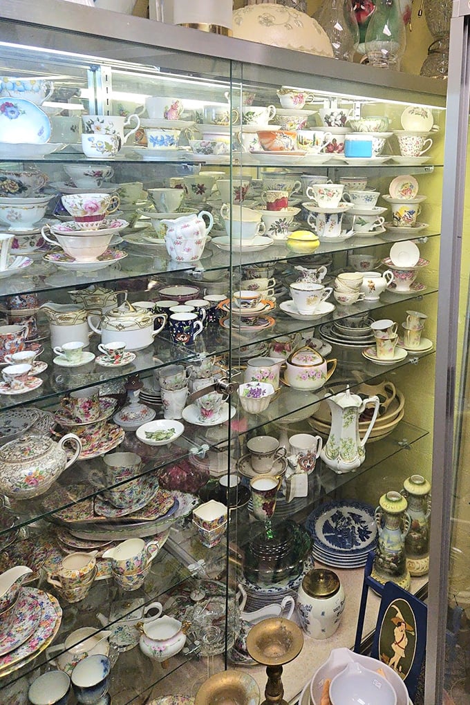Teacup heaven for the china-obsessed collector. Each delicate piece whispers stories of elegant afternoons and pinky-raising conversations from decades past. 