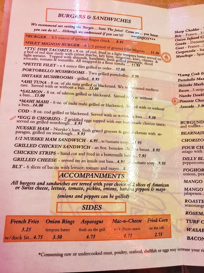 The menu reads like a love letter to carnivores, with that filet mignon burger description practically begging to be read aloud in your most dramatic voice.