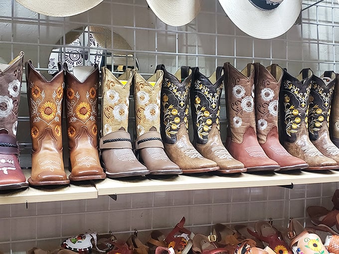 These aren't just boots—they're wearable art. Each pair tells a different story, from sunflower embroidery to intricate stitching worthy of a rodeo champion.