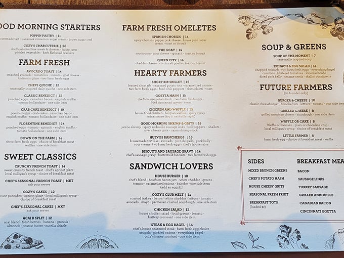 The menu reads like a love letter to comfort food, with farm-fresh ingredients taking center stage in every thoughtfully crafted category.