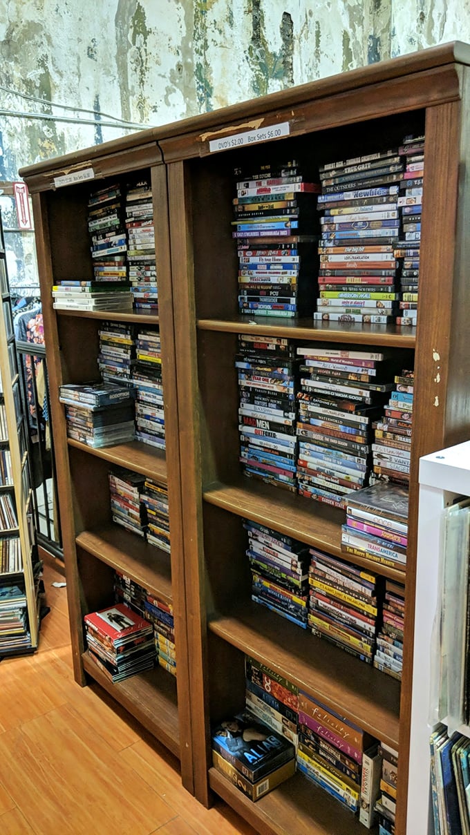 DVDs stacked like memories in wood – your entire Netflix queue before streaming ruined everything.