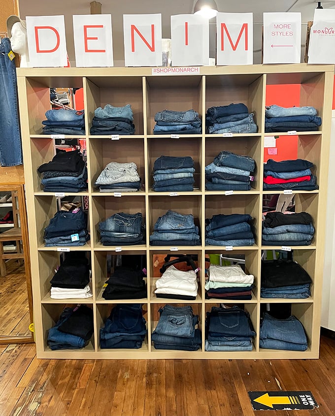Not just any denim display—this is organizational nirvana. Marie Kondo would weep tears of joy at these meticulously arranged jeans.