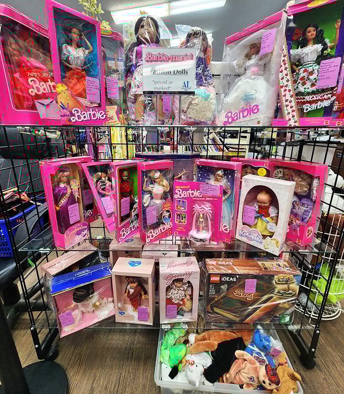 Barbie-mania in full plastic fantastic glory! Vintage dolls still in their original packaging that would make collectors reach for their wallets faster than you can say "dream house."