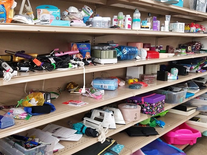 Shelves packed with household gadgets and toys – the archaeological dig site of modern consumerism where yesterday's must-haves await their second chance.