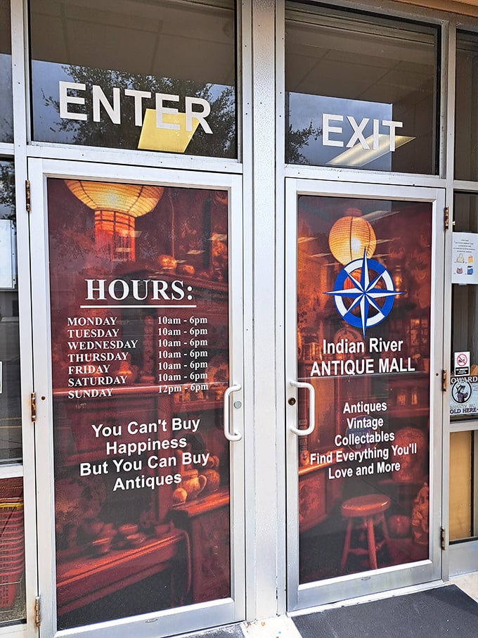 "You can't buy happiness, but you can buy antiques" - truer words were never displayed on a door. The compass logo hints at the journey awaiting inside.
