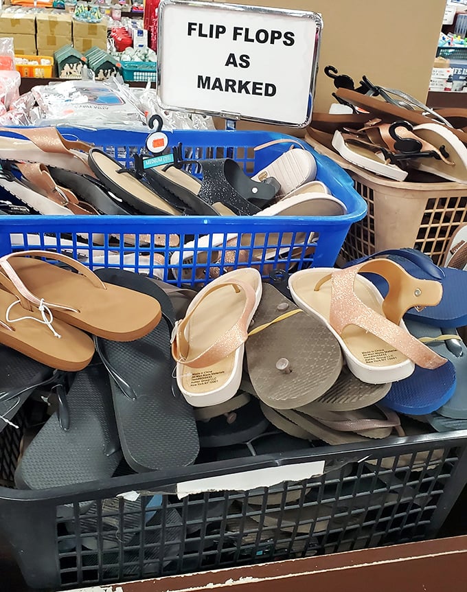 The flip-flop section alone could outfit a small beach town. Summer footwear paradise or plastic sandal museum? You decide.